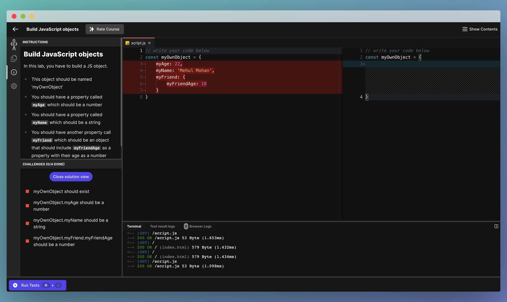 Solution diff-ing inside codedamn labs